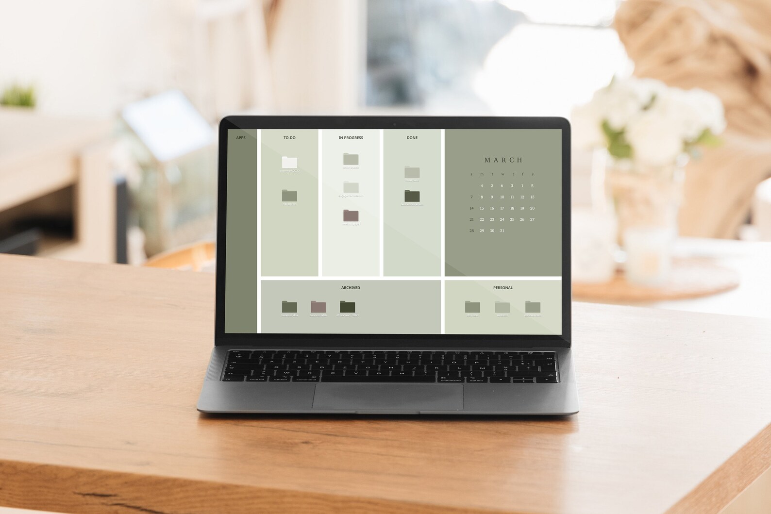 Green Desktop Wallpaper Organizer | Minimalist Calendar, Custom Icons ...