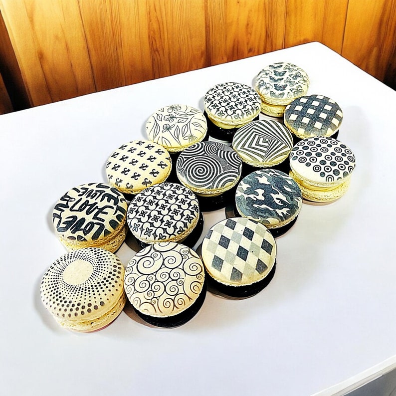 Elegant Black and White Patterned Macarons – Custom Flavors and Colors ...