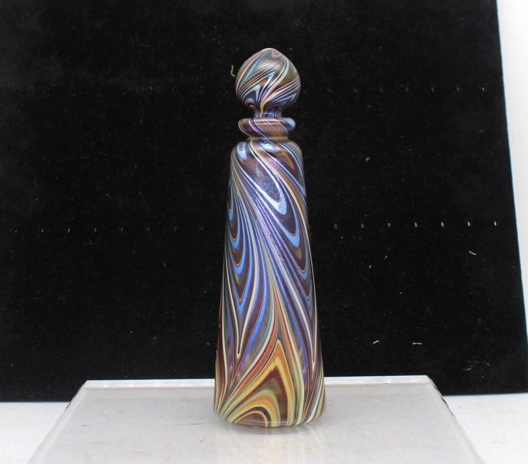 L 19cmh Signed Okra Art Glass Perfume Bottle Iridescent Feathered - Etsy