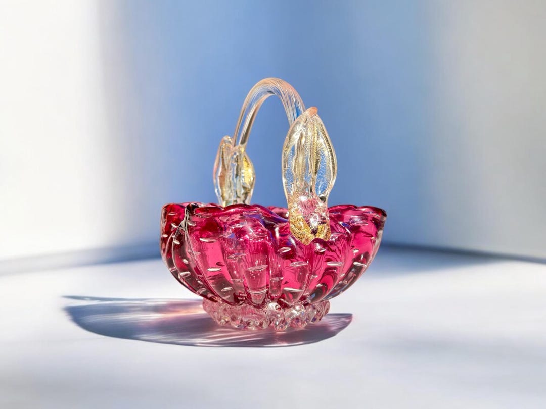 Vintage Murano Ruby Red Glass Basket Bowl With Ribbed Handle - Etsy