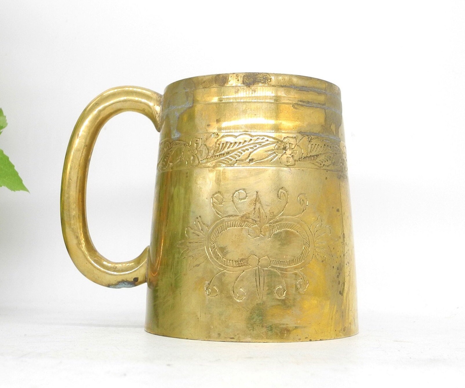 Brass Tankard Mug Etched Floral Design Vintage Brass | Etsy