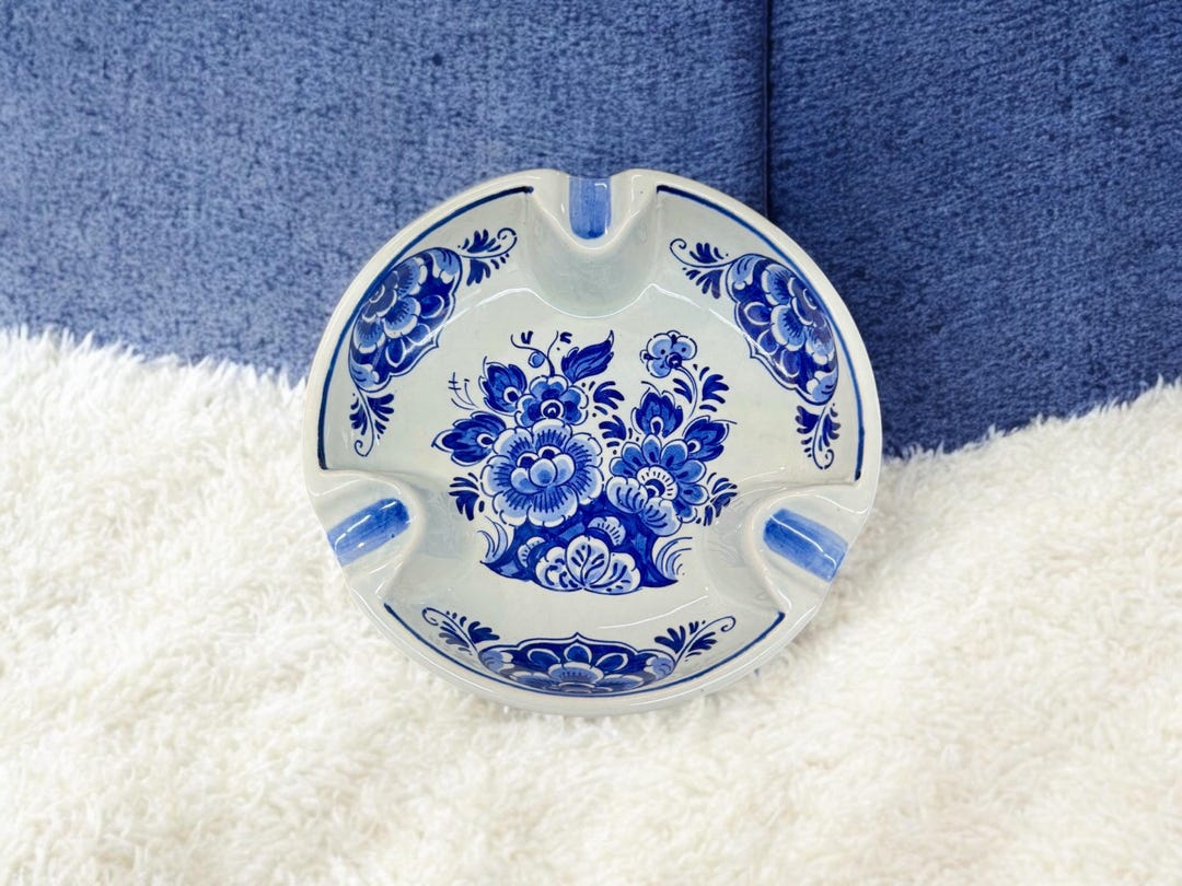 Vintage Delft Blue Ashtray: Hand-painted Floral Ceramic Trinket Dish - Etsy