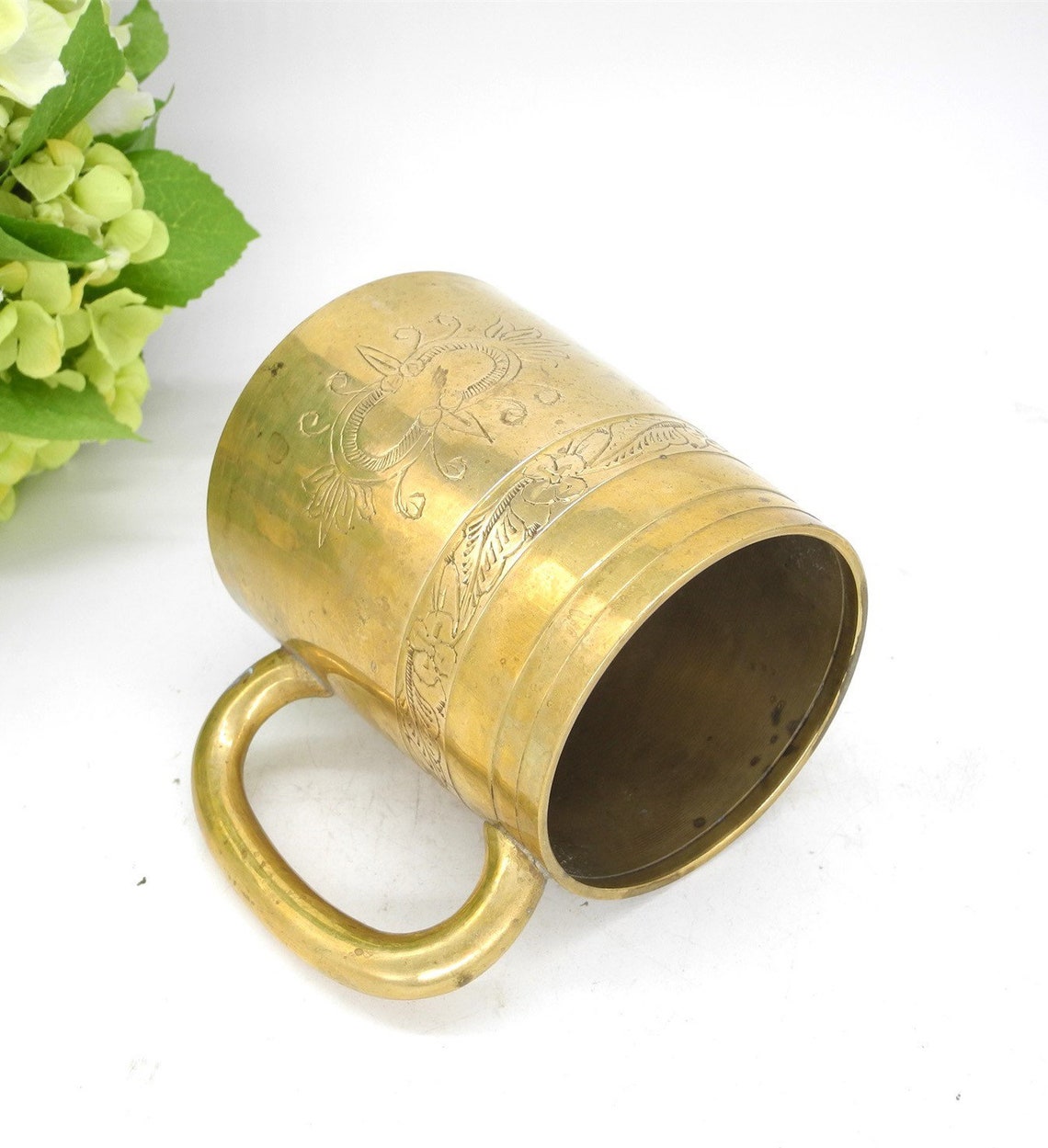 Brass Tankard Mug Etched Floral Design Vintage Brass - Etsy UK