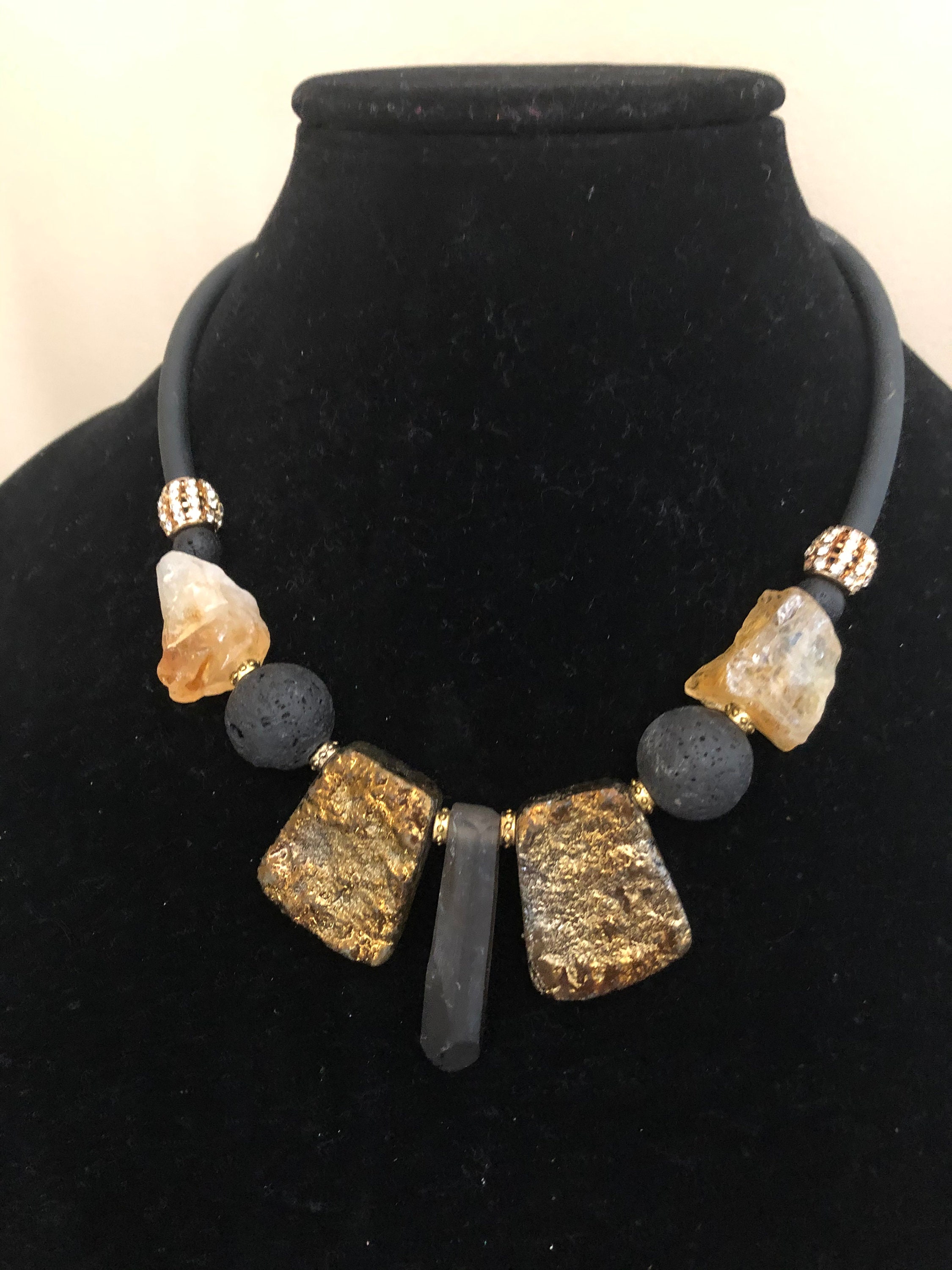 Gold and Black Titanium Choker Gemstones Chunky Necklace | Etsy