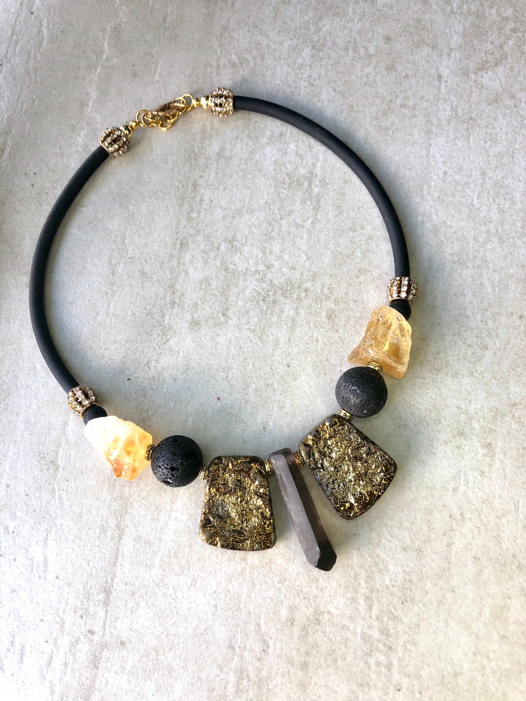 Gold and Black Titanium Choker, Gemstones Chunky Necklace, Boho ...