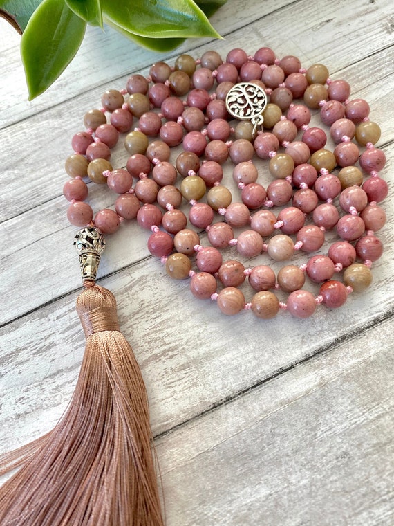 Rhodonite Mala Necklace pink Rhodonite Healing Necklace Crystal Necklace hand Knotted Necklace long Youga Necklace Etsy