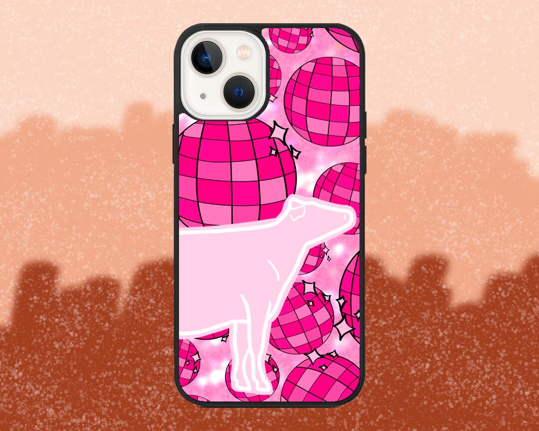 Pink Dairy Cow Groovy Disco Ball Pattern Phone Case, Cute Livestock ...