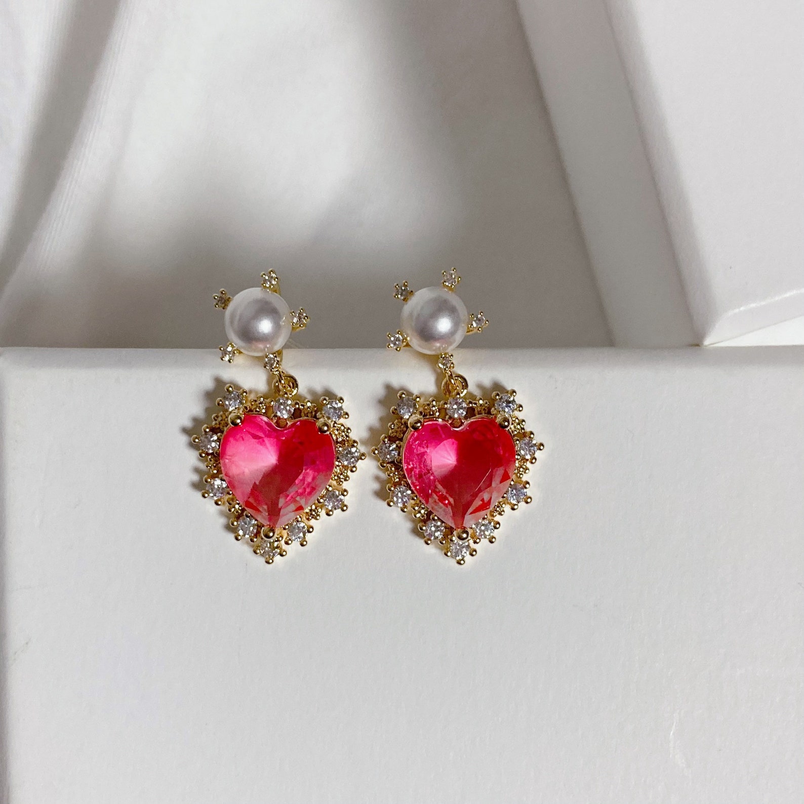 Cute Pink Heart Earrings Crystal Heart Dangle Earrings - Etsy