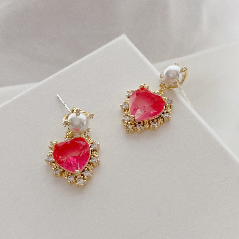 Cute Pink Heart Earrings Crystal Heart Dangle Earrings | Etsy