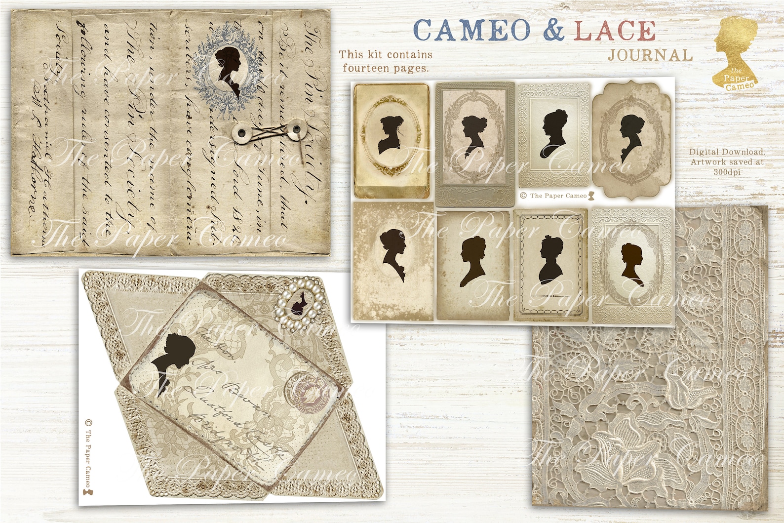 CAMEO & LACE Journal Printable, Paper Cameo Gift Tags Digital, Vintage ...