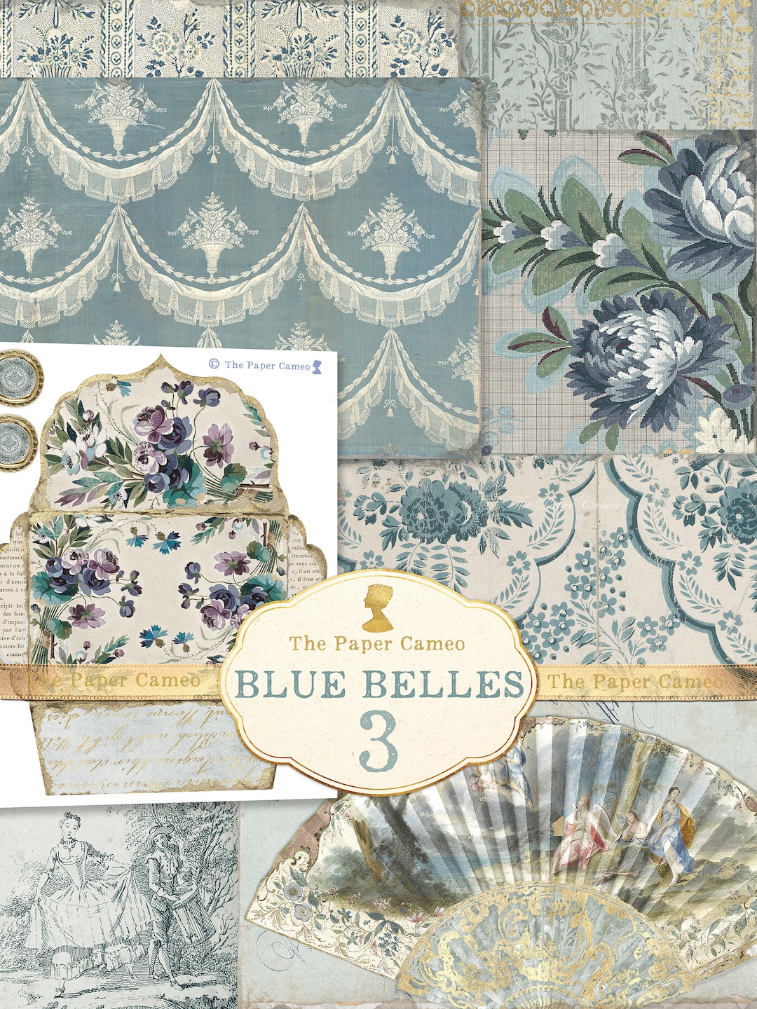 BLUE BELLES 3 Background Pages Printable, Vintage Blue Themed Collage ...