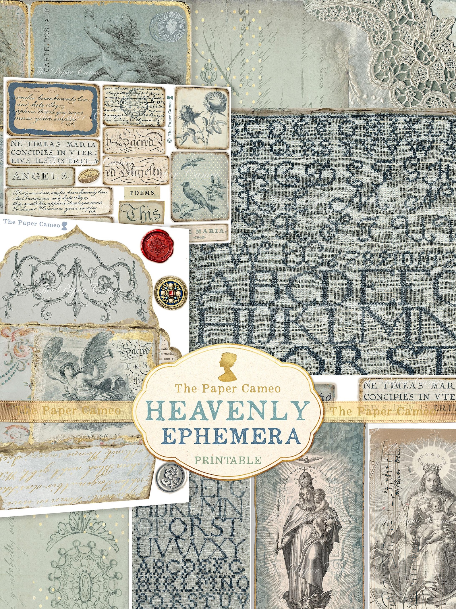 HEAVENLY EPHEMERA Printable, Blue Religious Themed Ephemera Digital ...