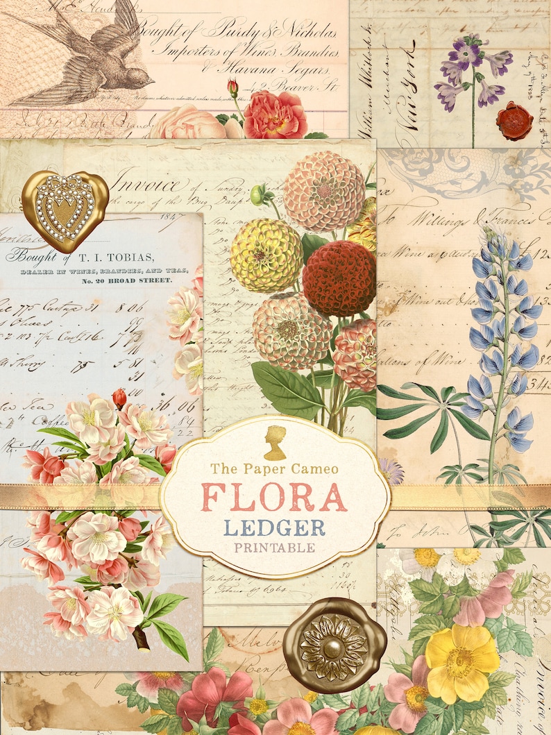 FLORA LEDGER, Floral Ledger Paper Printable, Vintage Floral Digital ...