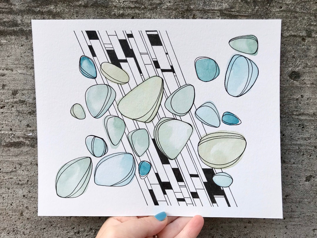 Abstract Watercolor Sea Glass With Geometric Ink Lines, Original 8x10 ...