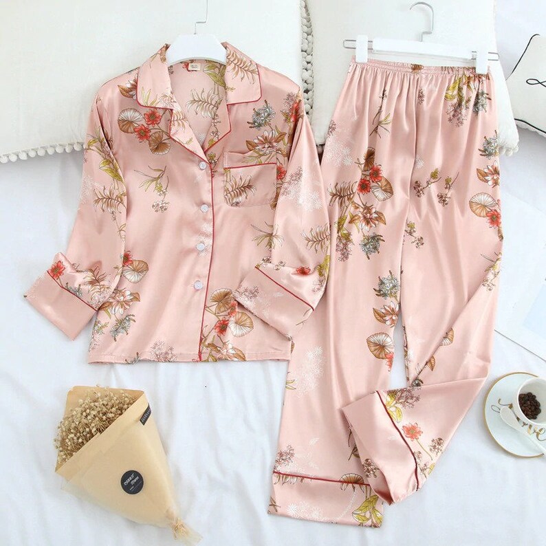 Long Sleeve Pajamas Autumn Ice Silk Long Sleeve Trousers Suit Etsy