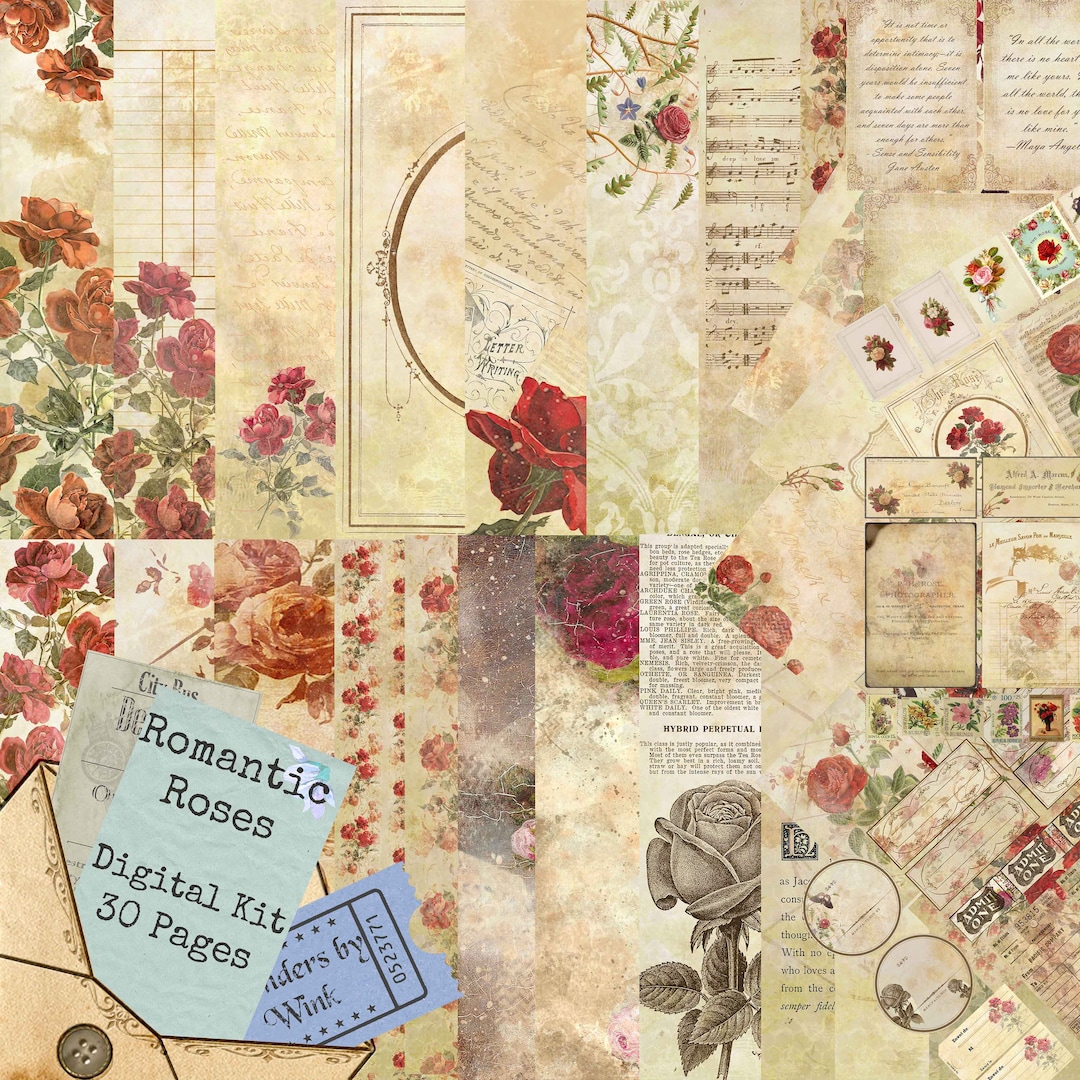 Romantic Roses - Journal Digital Kit - 30 Pages - Red Rose Floral ...