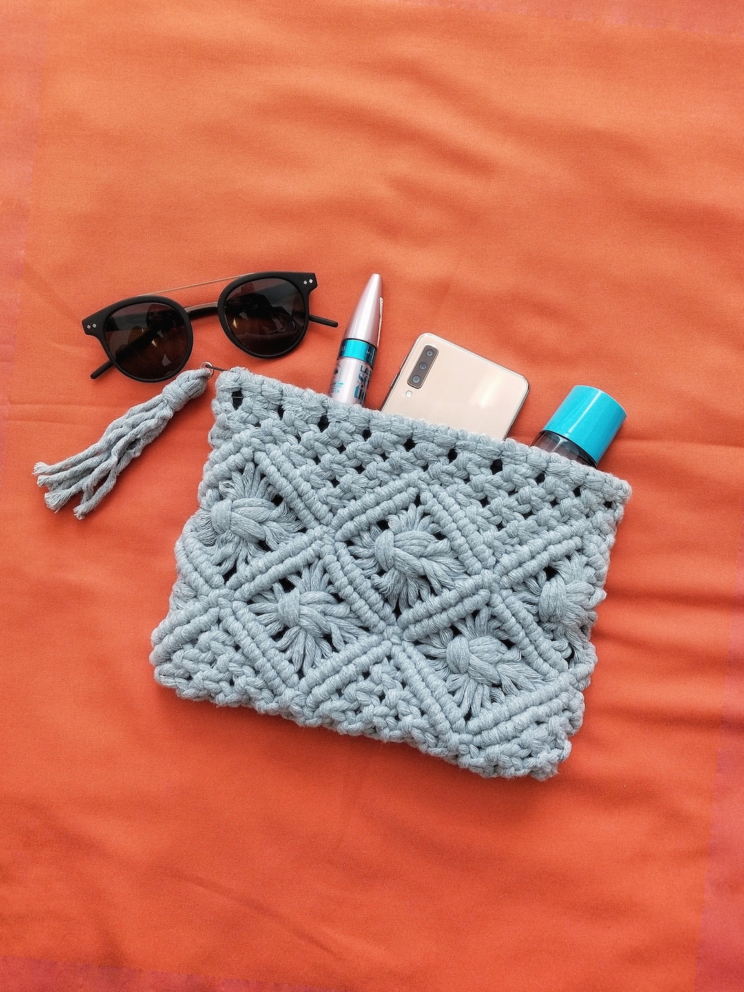 Handmade Macrame Clutch Bag, Zippered Tassel Pouch Bag, Boho Evening ...