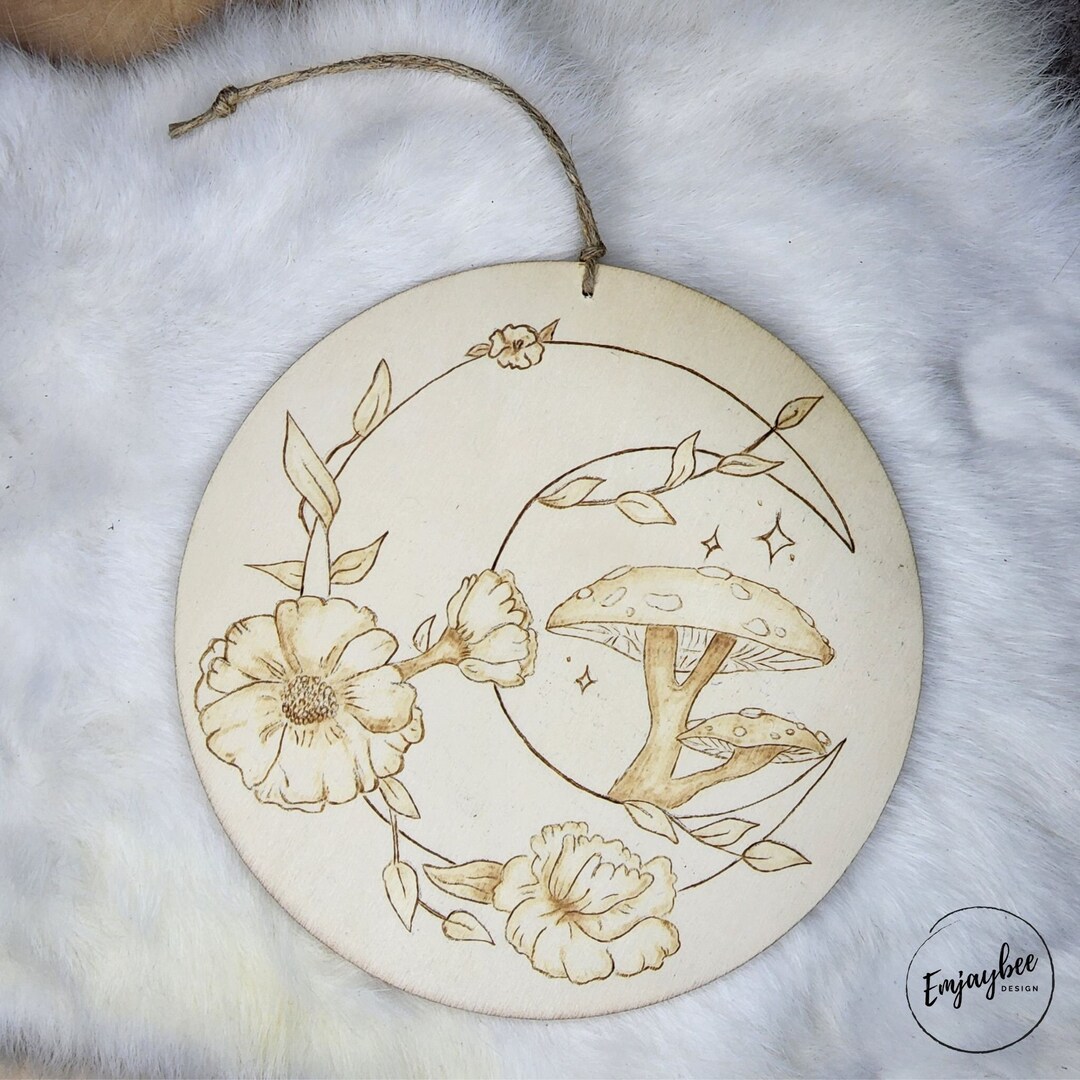 Mushroom and Moon Wood Burn, Floral Moon Pyrography, Wall Hanging Art ...