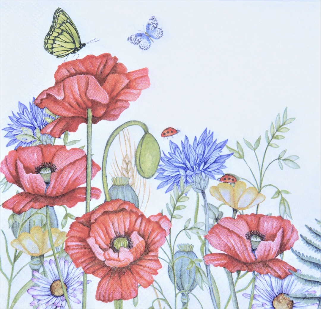 3 Decoupage Paper Napkins | Wildflower Field | Poppies | - Etsy