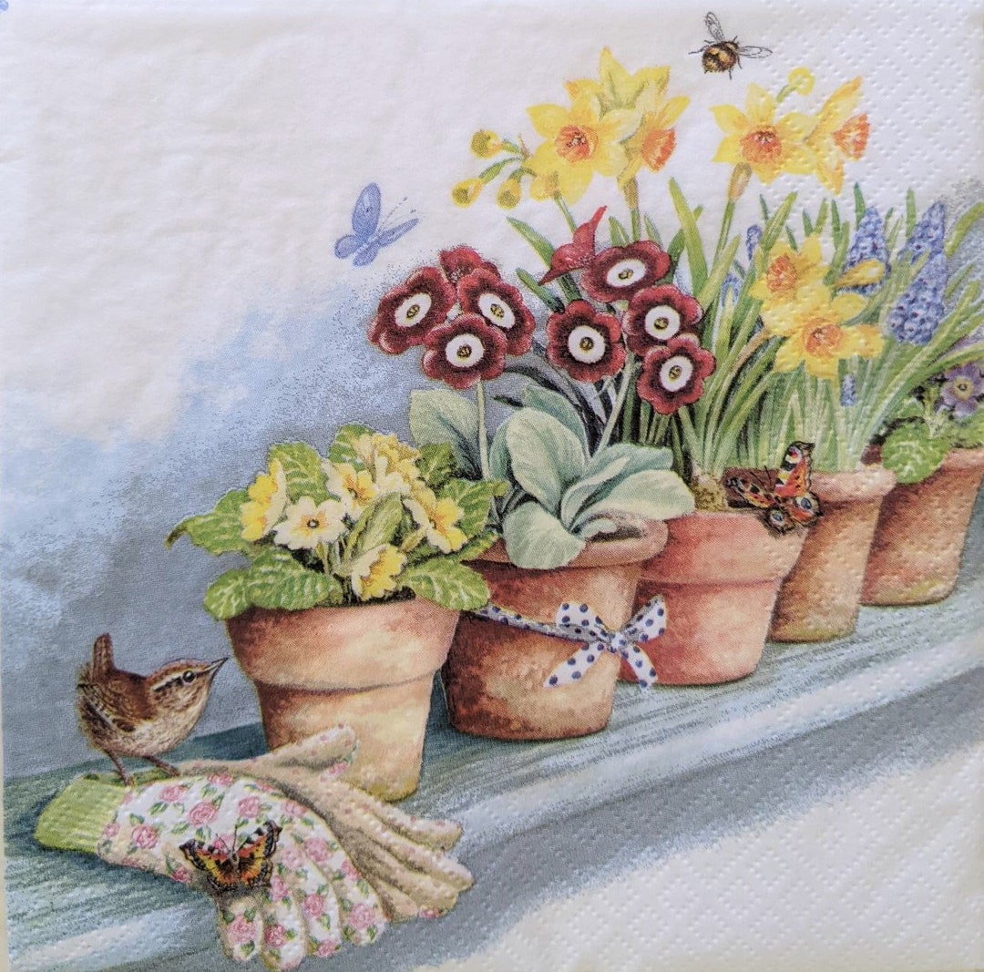 3 Decoupage Paper Napkins Springtime Windowsill Crafting Tissue - Etsy