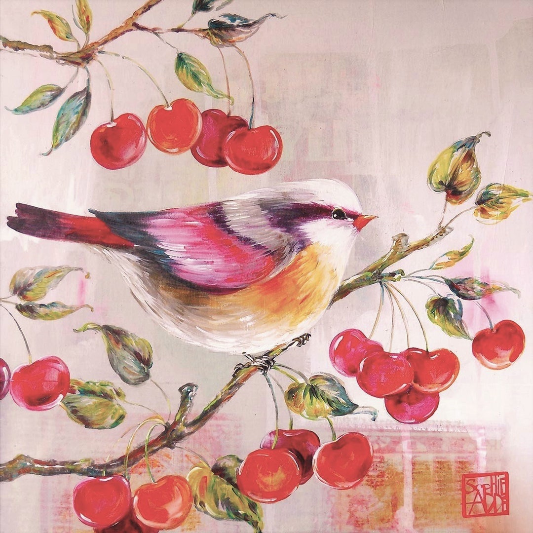 3 Decoupage Paper Napkins Cherry Bird Decorated Tissue Paper - Etsy