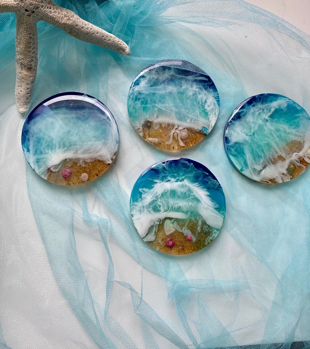 Ocean Beach Coasters, Resin Coasters With Waves Real Sand and Shells, 3 ...