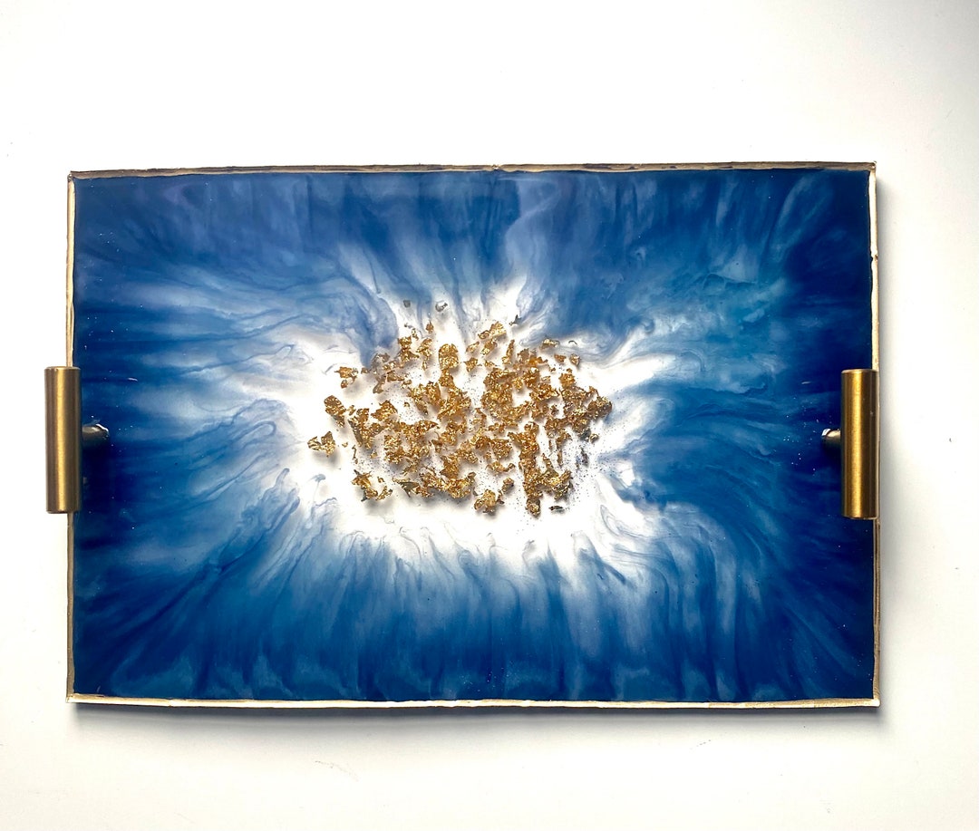 Decorative Blue Resin Tray With Gold Handles, Vanity Perfume Tray ...