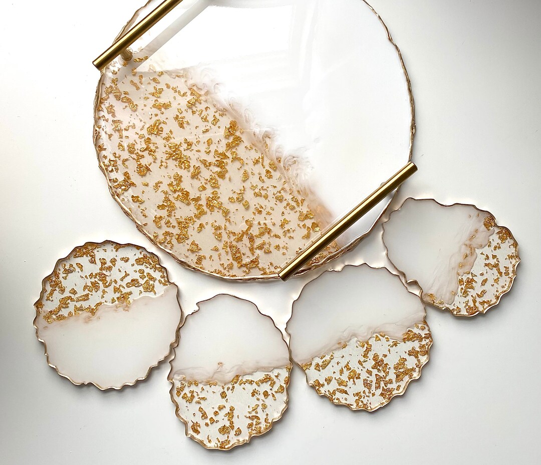 White and Gold Resin Tray and Coasters, Geode Tray With Handles, Half ...