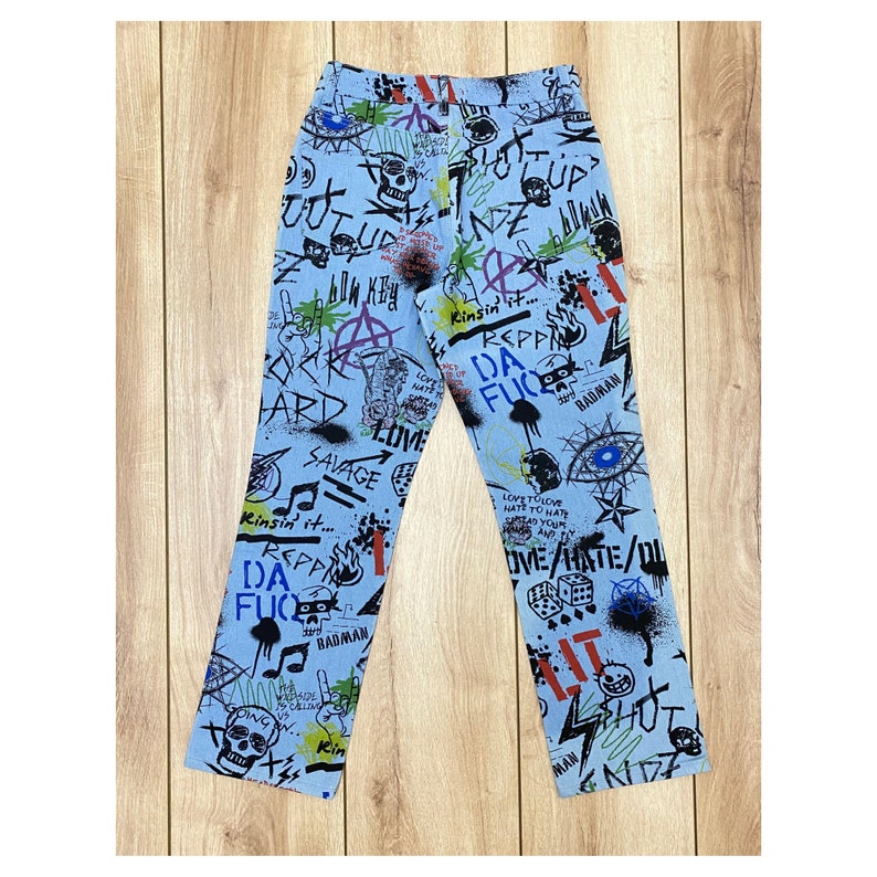 Blue Streetwear Jeans, Graffiti Print Jeans, Urban Style Jeans, Printed ...
