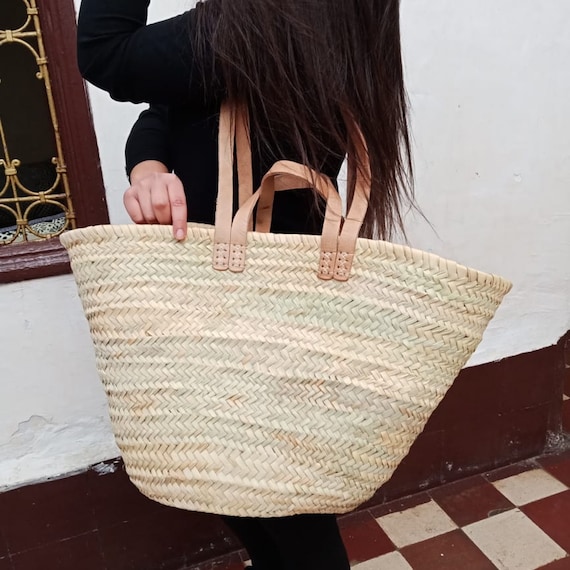 Moroccan basket. Natural XL basket with natural double leather | Etsy