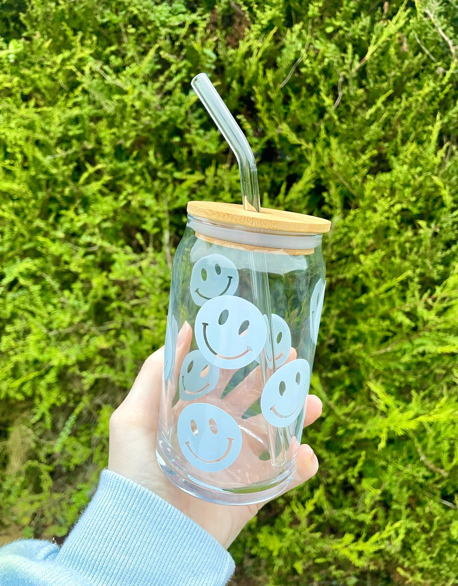 Smiley Face Bamboo Lid Can Glass Drink 16oz Cup Gift - Etsy UK