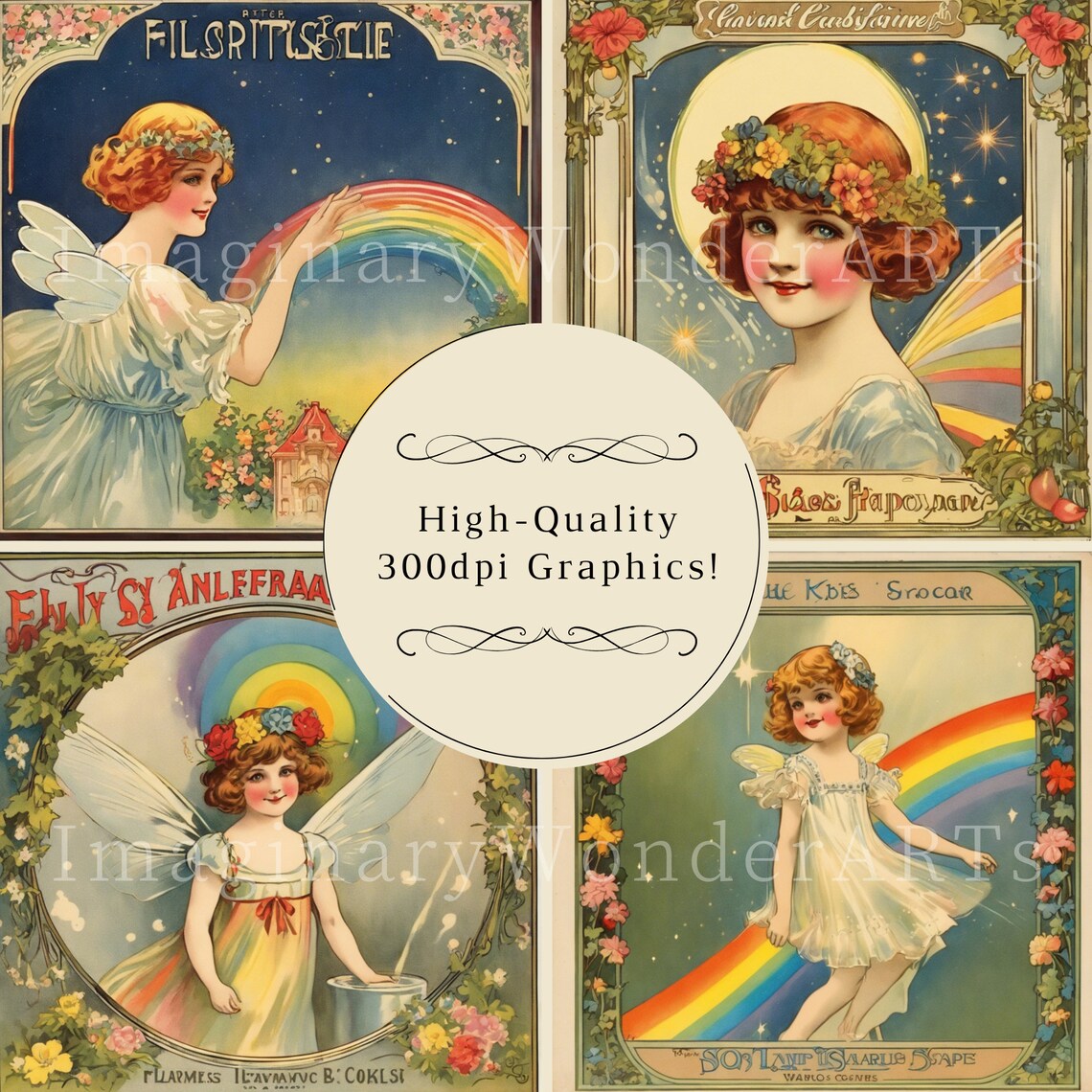 Vintage Style Fantasy Rainbow and Fairie Labels Collage Sheet - Set of ...