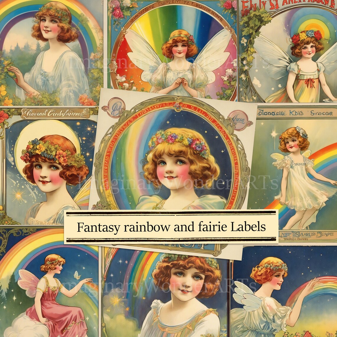 Vintage Style Fantasy Rainbow and Fairie Labels Collage Sheet - Set of ...