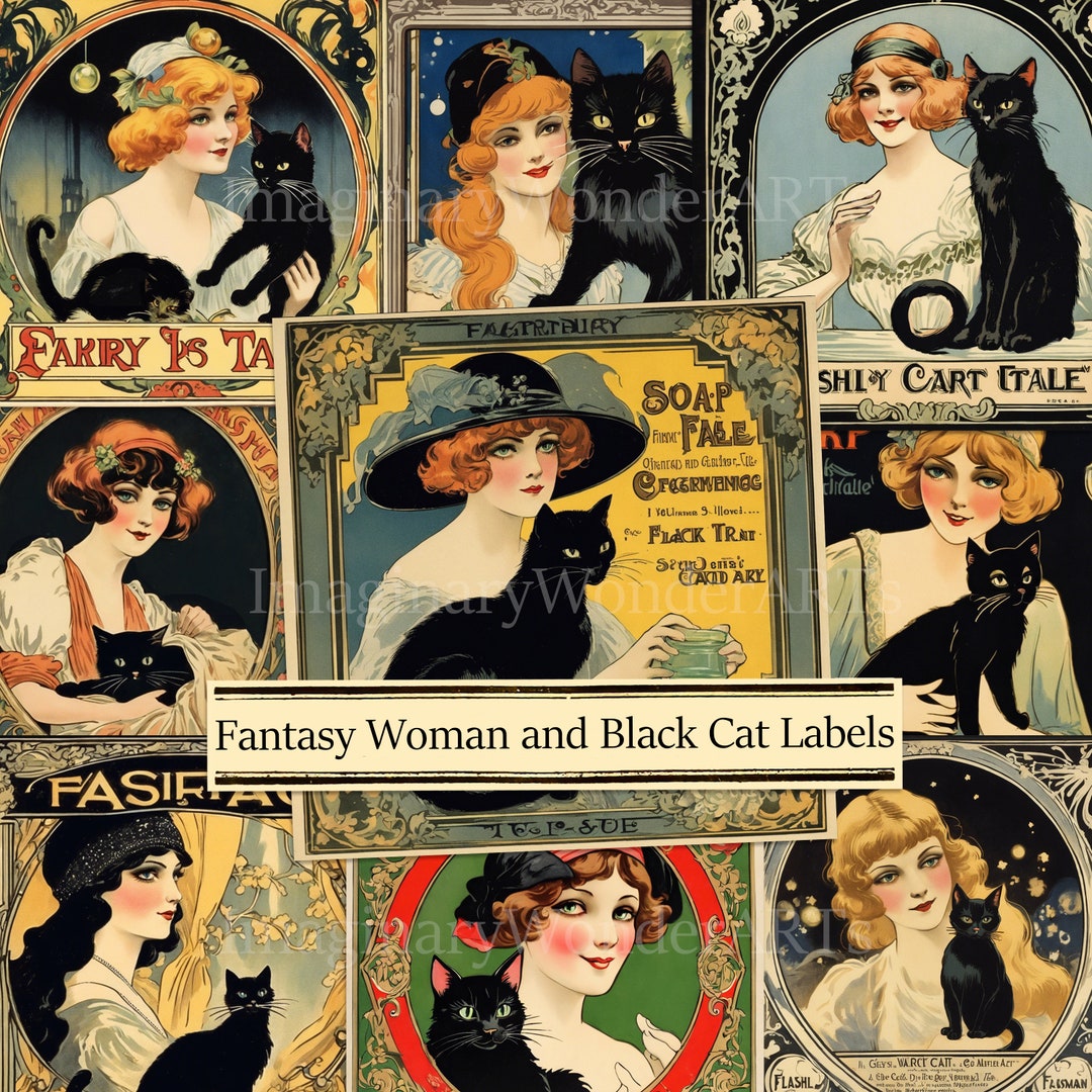 Vintage Style Fantasy Woman and Black Cat Labels Collage Sheet - Set of ...