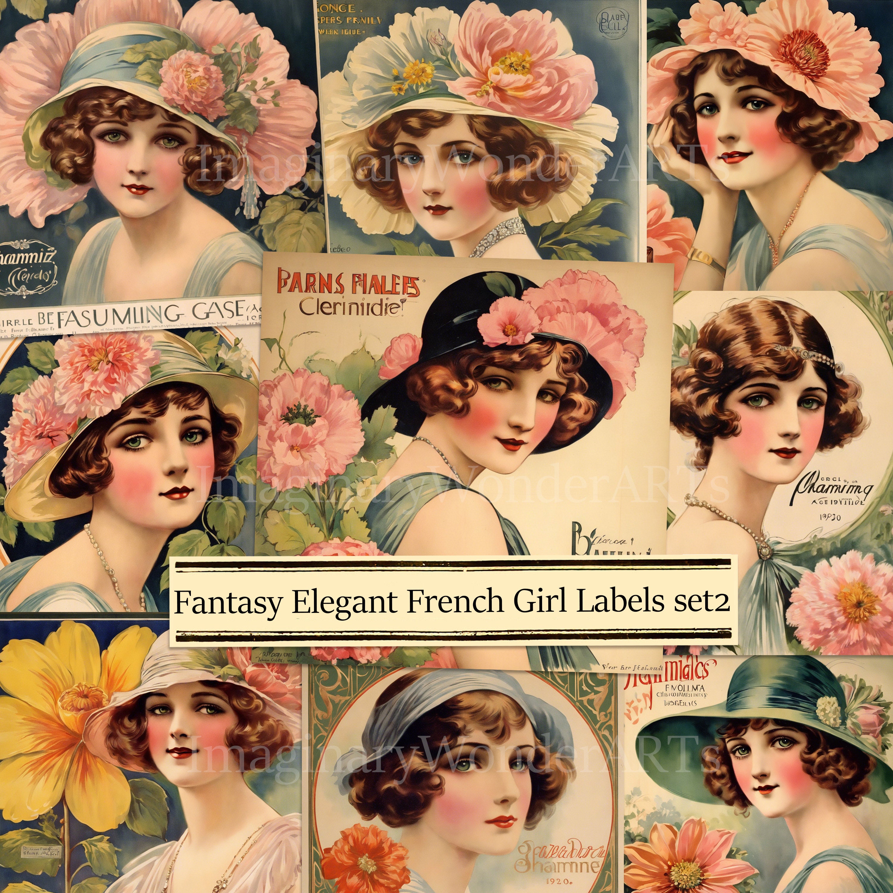 Vintage Style Fantasy Elegant French Girl Labels2 Collage Sheet Set of ...
