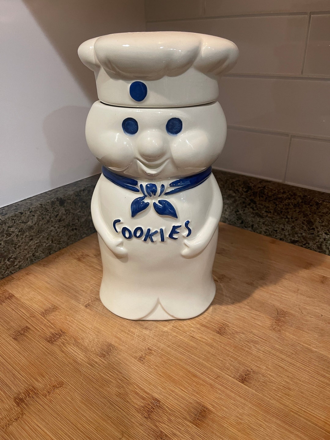 Pillsbury Doughboy Cookie Jar Container White Blue Scarf Ribbon Ceramic ...