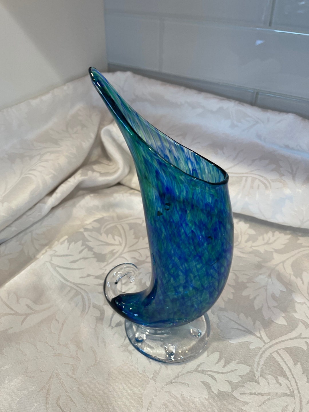Signed Lewis Olsen Art Glass Vase – Handblown Blue Green Horn Sculpture ...