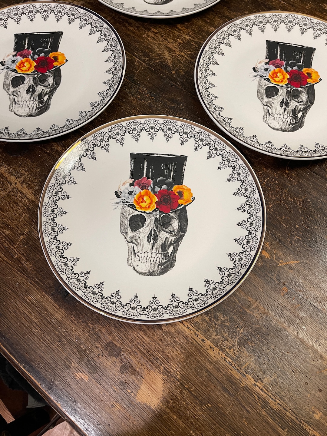 Harvest Green Studio Skull Dinner Plates, Halloween Dinnerware, Gold ...