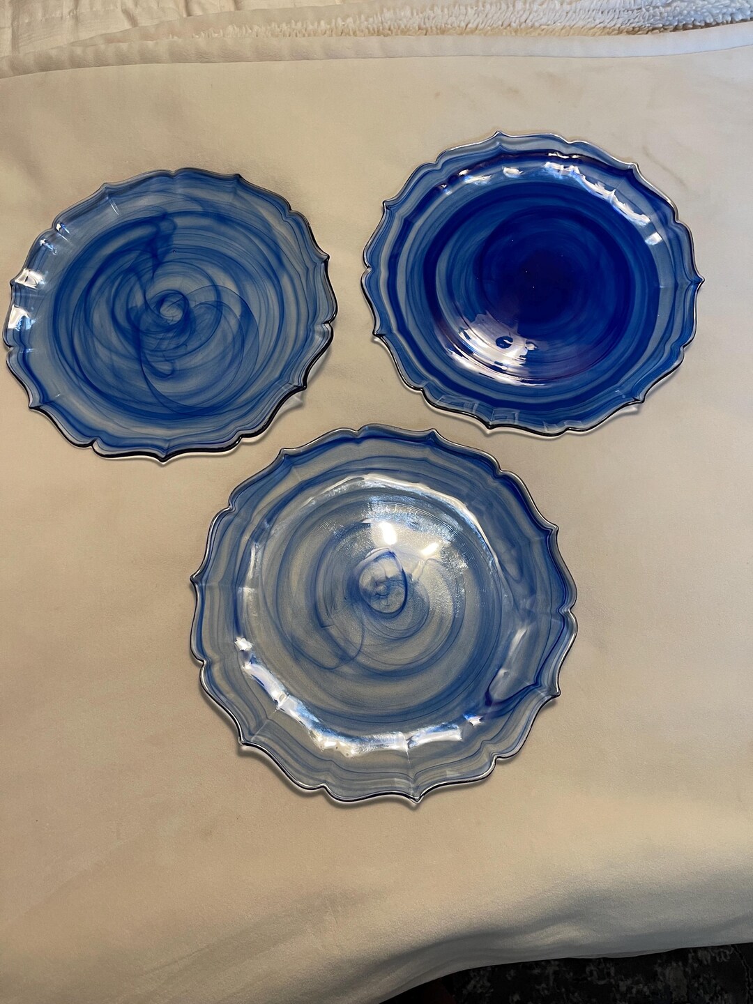 Blue Colbalt Swirl Glass Scalloped Dinner Plate, 3 Blue Glass Dinner ...