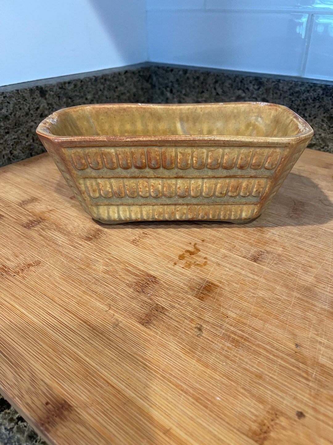 Golden Brown Rectangular Pottery Planter Pot With Textured Sides, MCM ...