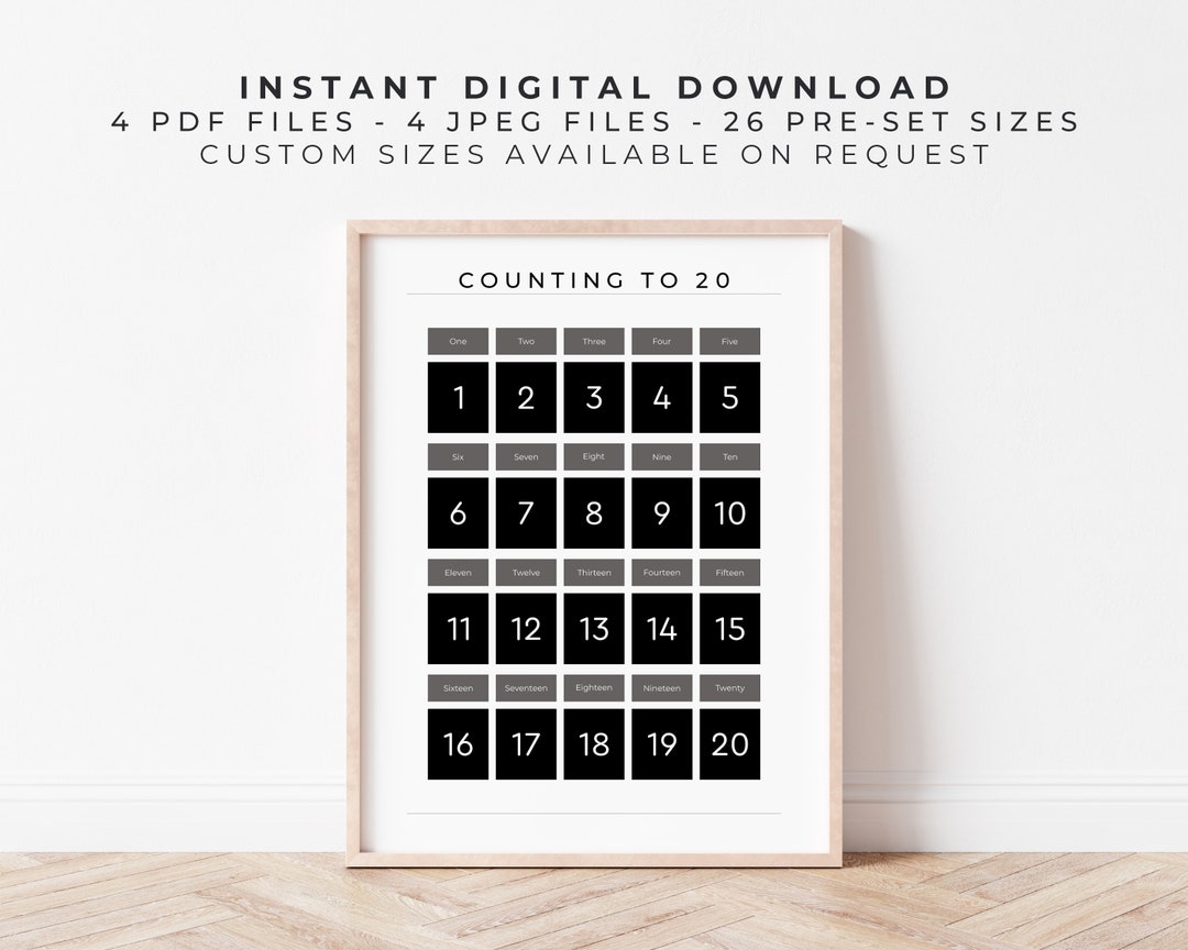 Counting to 20 Black on White Digital Printable Educational Maths Print ...