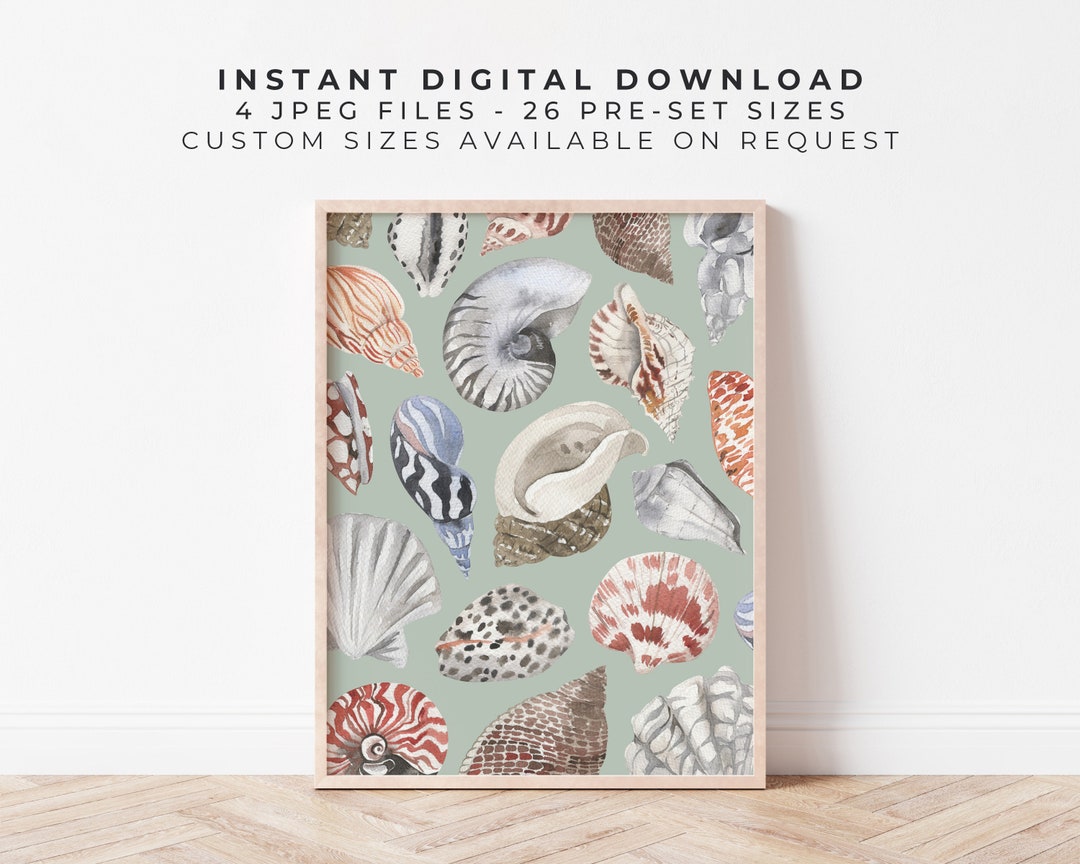 Beachcombing | Mist Green | Watercolor Sea Shells Digital Printable ...