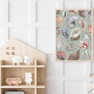 Beachcombing | Mist Green | Watercolor Sea Shells Digital Printable ...