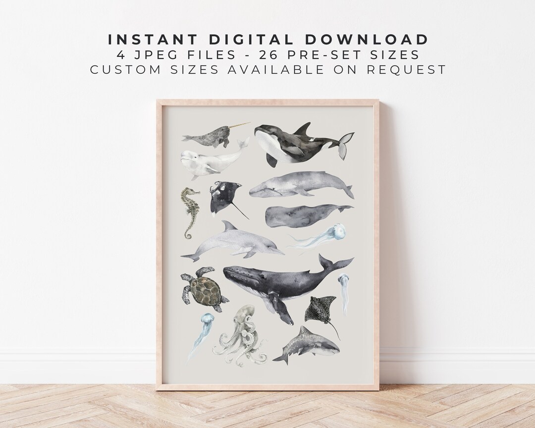 Aquatic | Linen Beige | Watercolor Sea Creature Digital Printable Wall ...