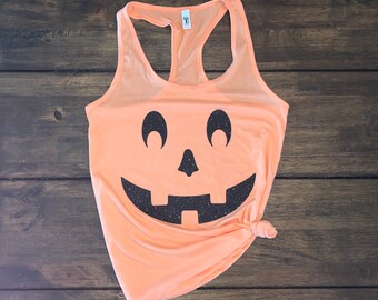 Ladies Halloween Orange Jack O Lantern Racerback Tank Top ORANGEJACK ...