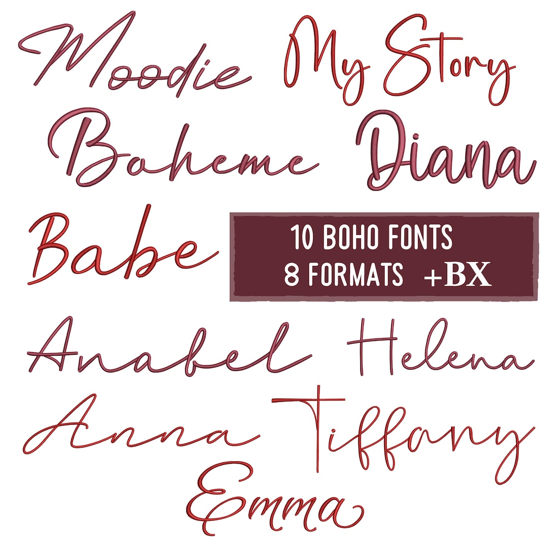 10 Boho Script Cursive Embroidery Font Bundle , BX PES JEF Machine ...