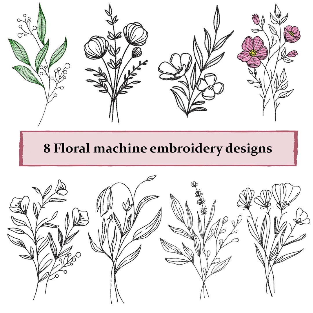 8 Floral Line Art Machine Embroidery Designs , Wedding Wild Flower ...