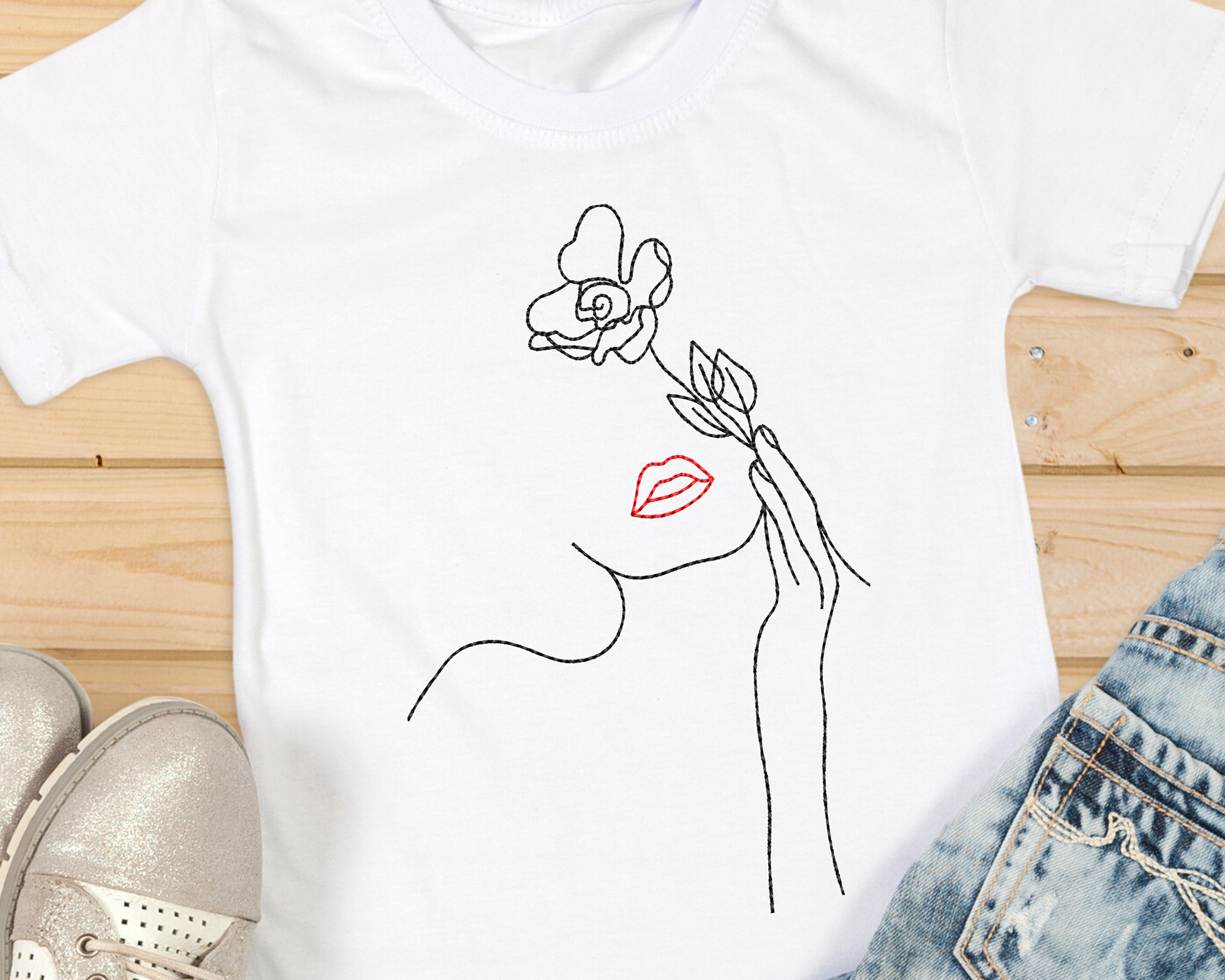 Woman with flower Embroidery design Line art embroidery file | Etsy