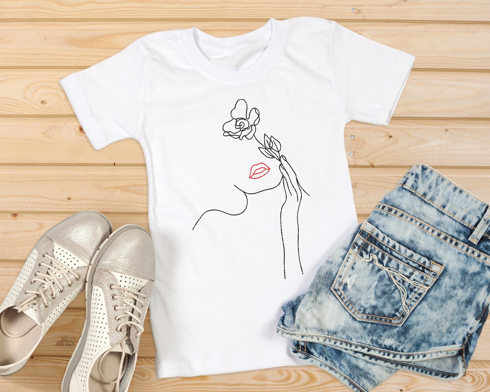 Woman With Flower Embroidery Design Line Art Embroidery File - Etsy