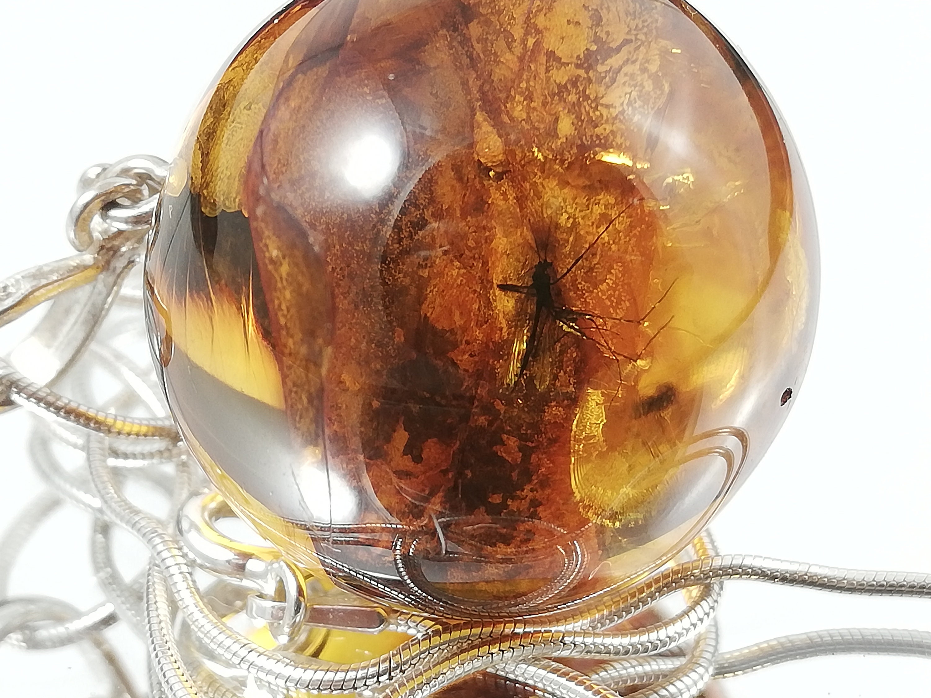 Baltic Amber Ball Pendant 3 Insects Silver 925 Inclusions Amber Jewelry ...